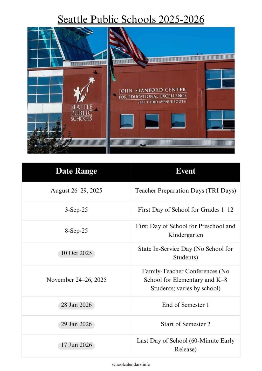 Seattle Public Schools Calendar 2025-2026 [Holidays]
