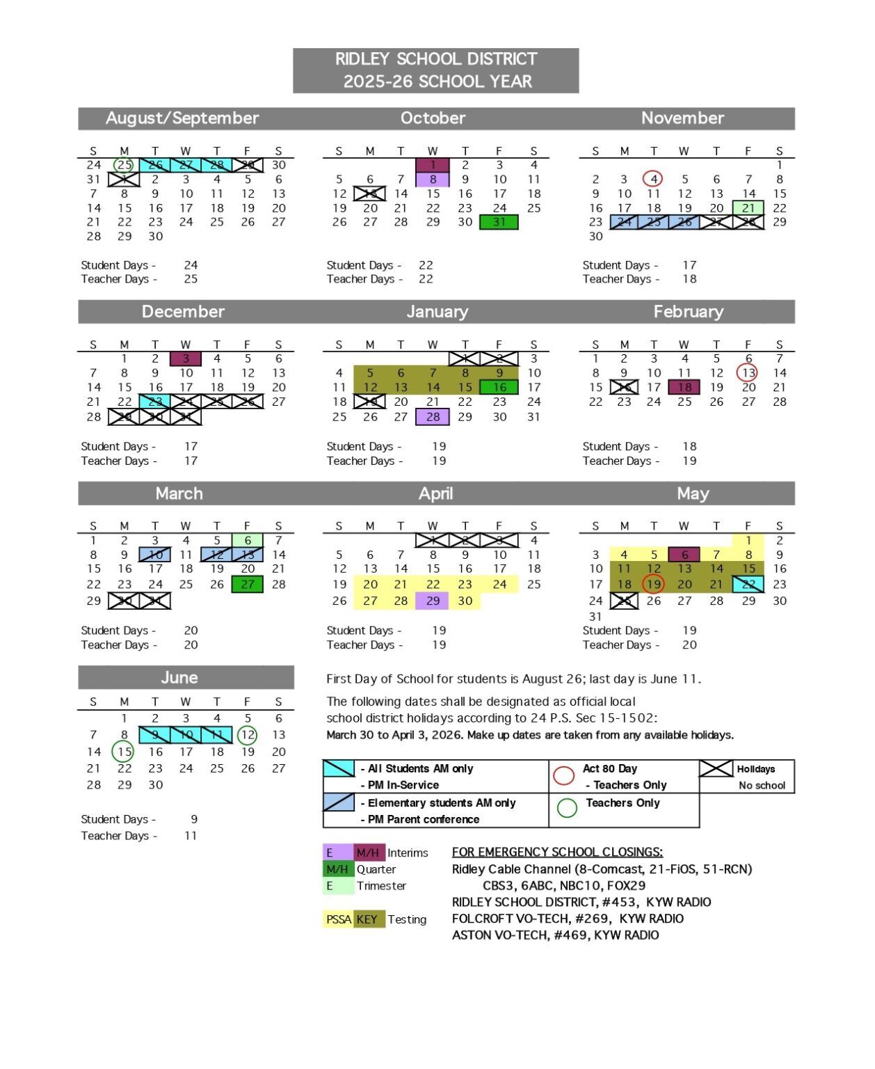 Ridley School District Calendar 2025-2026 [Holidays]