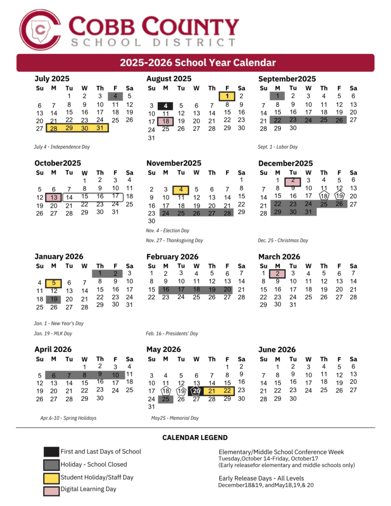 Cobb County School Calendar Year Planner