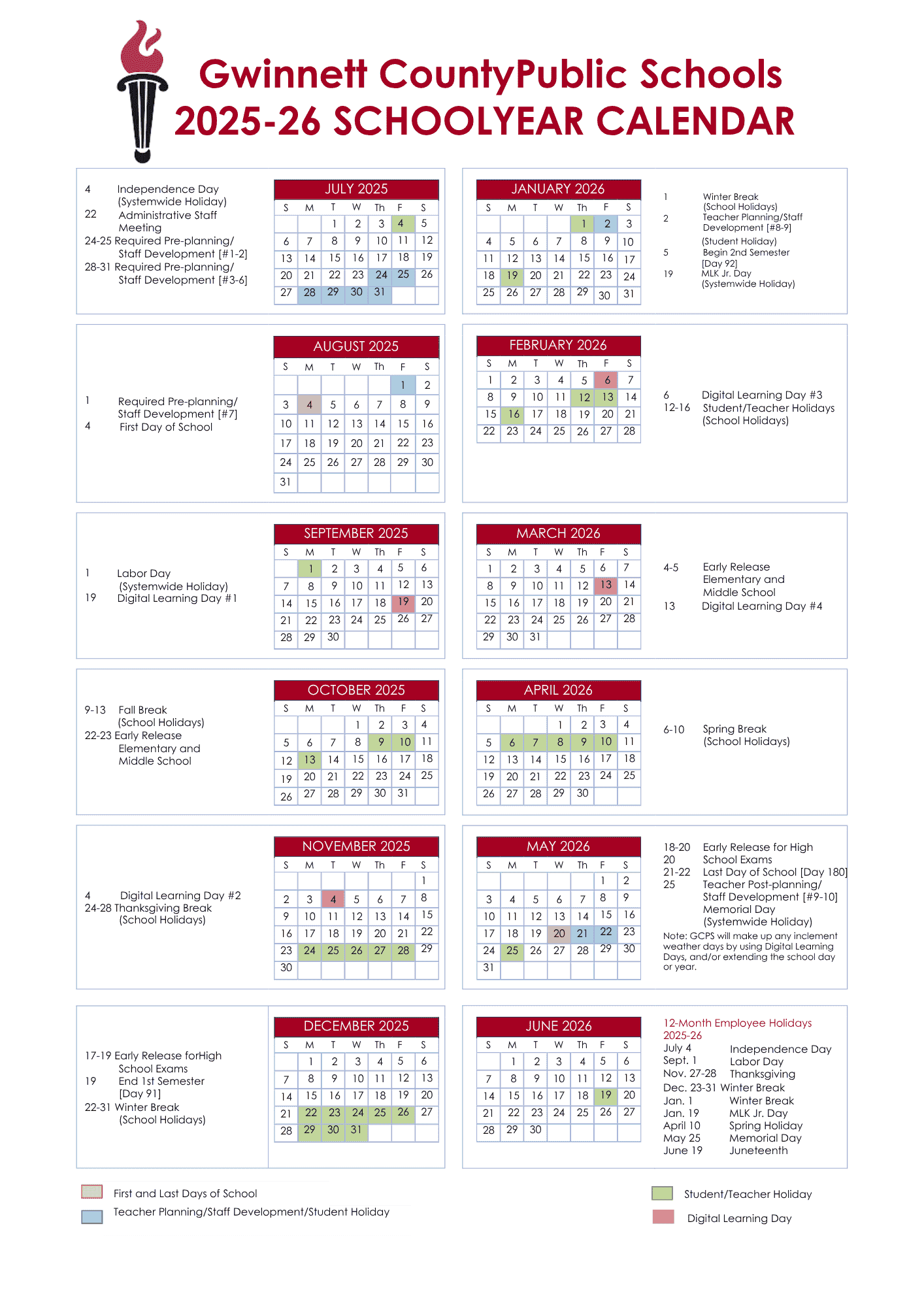 Gwinnett County School Calendar Schedule 2025-26