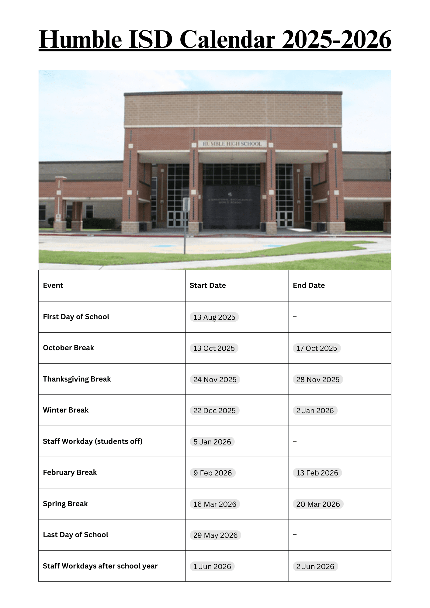 Humble ISD Calendar 2025-2026 [Holidays]