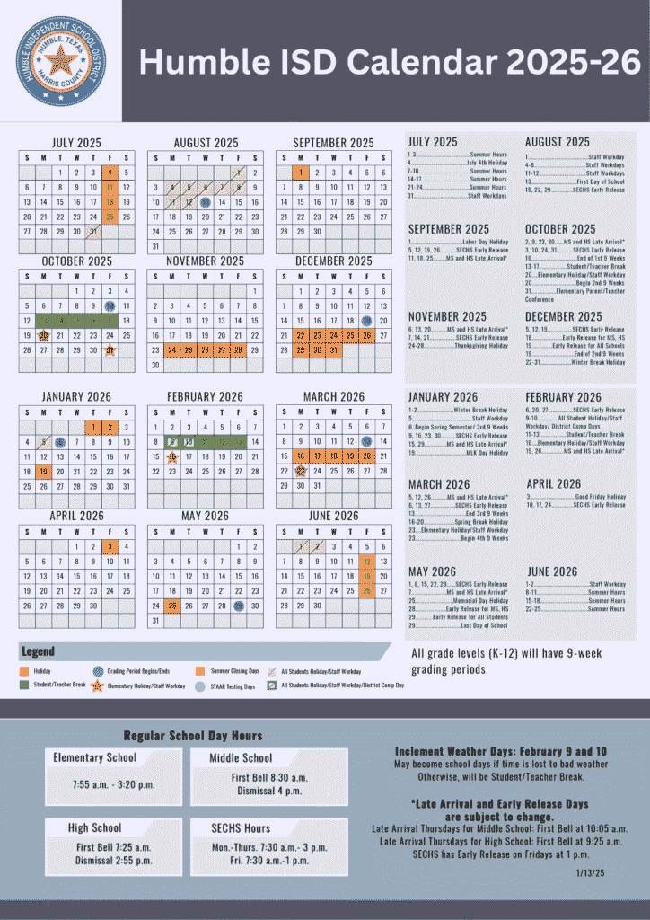 Humble ISD Calendar 2025-2026 [Holidays]