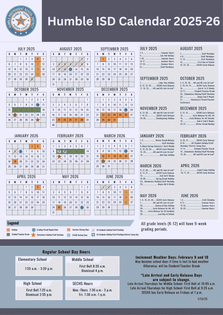 Humble ISD Calendar 2025-2026 [Holidays]