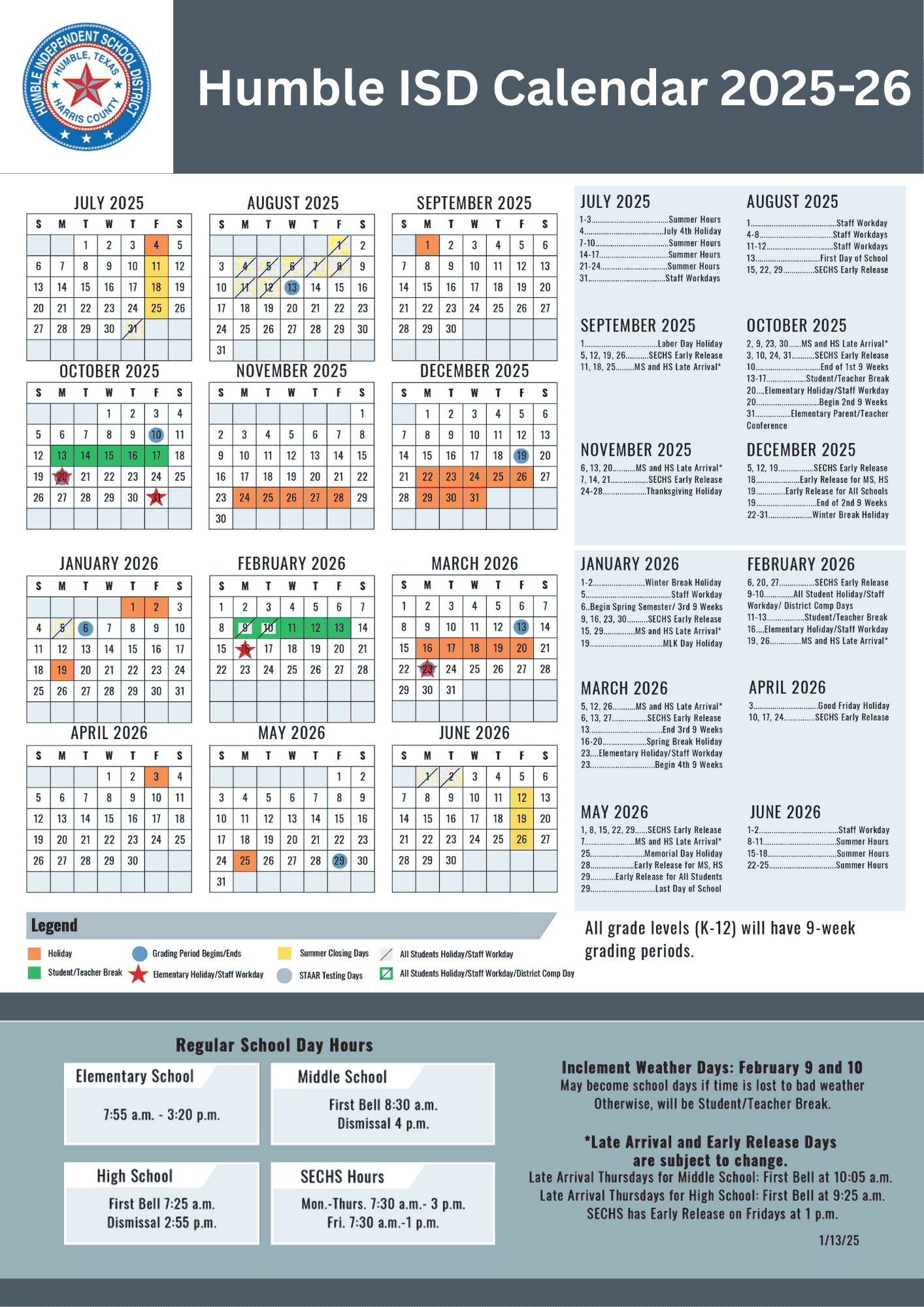 Humble ISD Calendar 2025-2026 [Holidays]