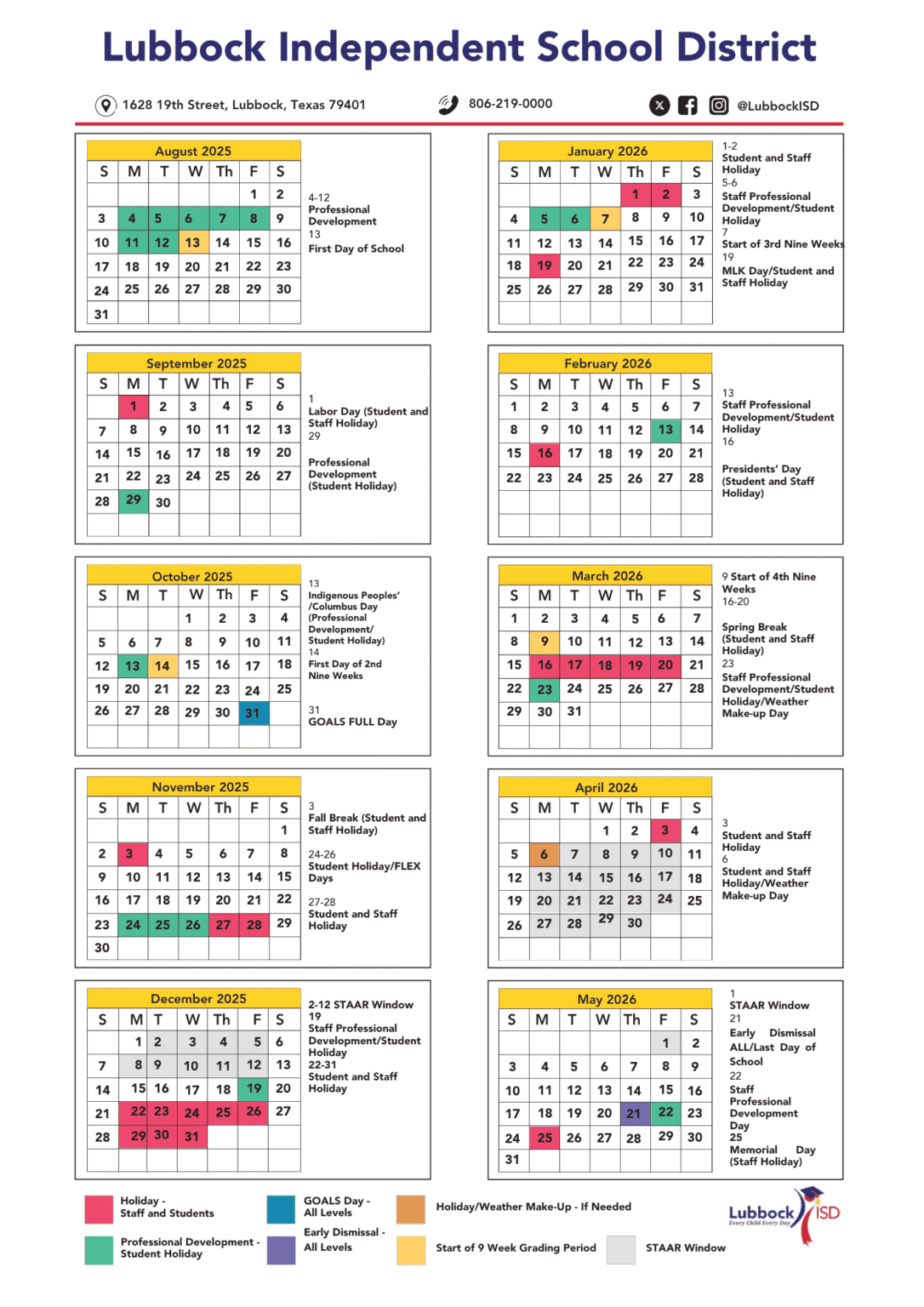 Lubbock Schools Calendar 2025-2026 [Holidays]