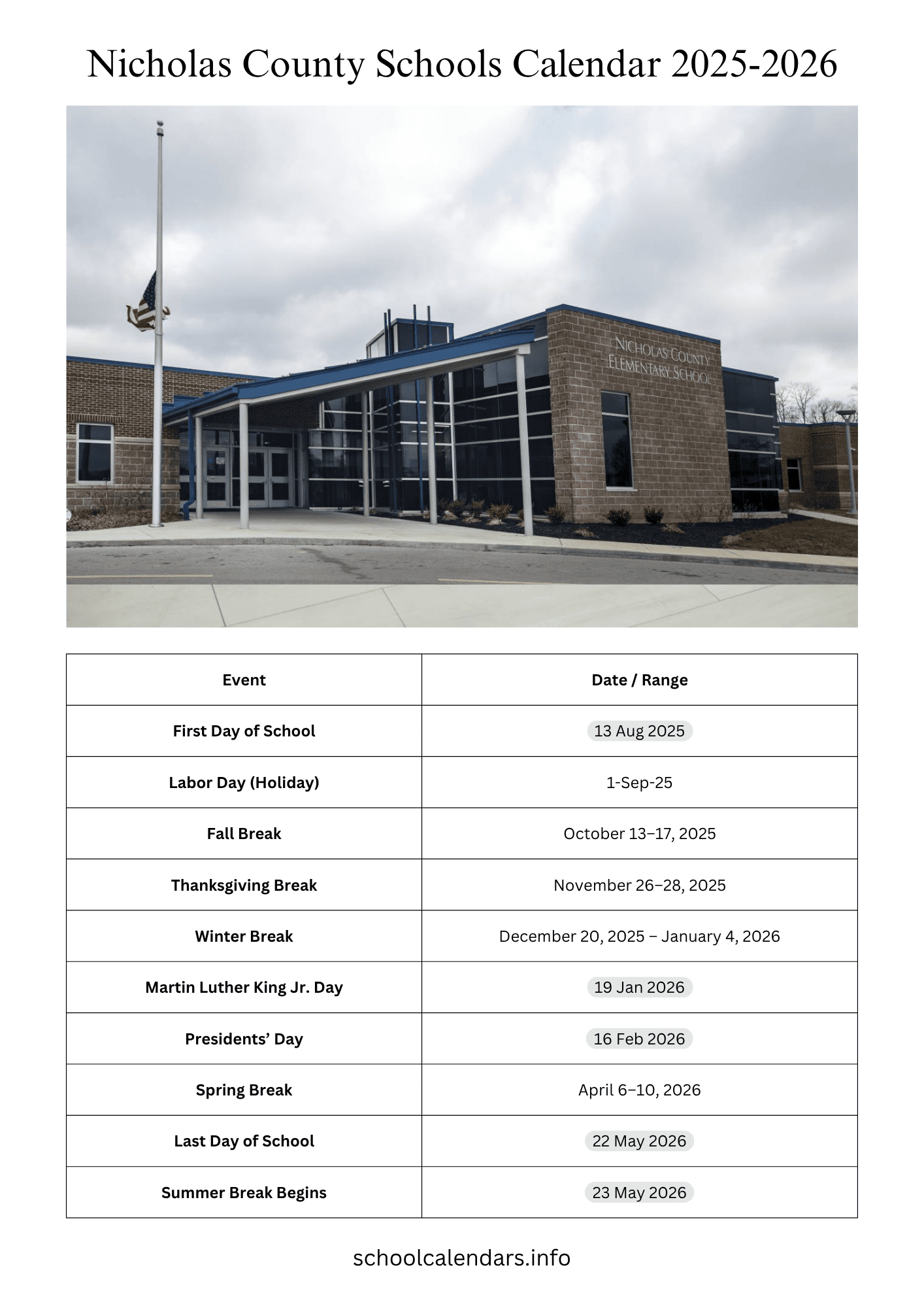 Nicholas County Schools Calendar 2025-2026 [Holidays]