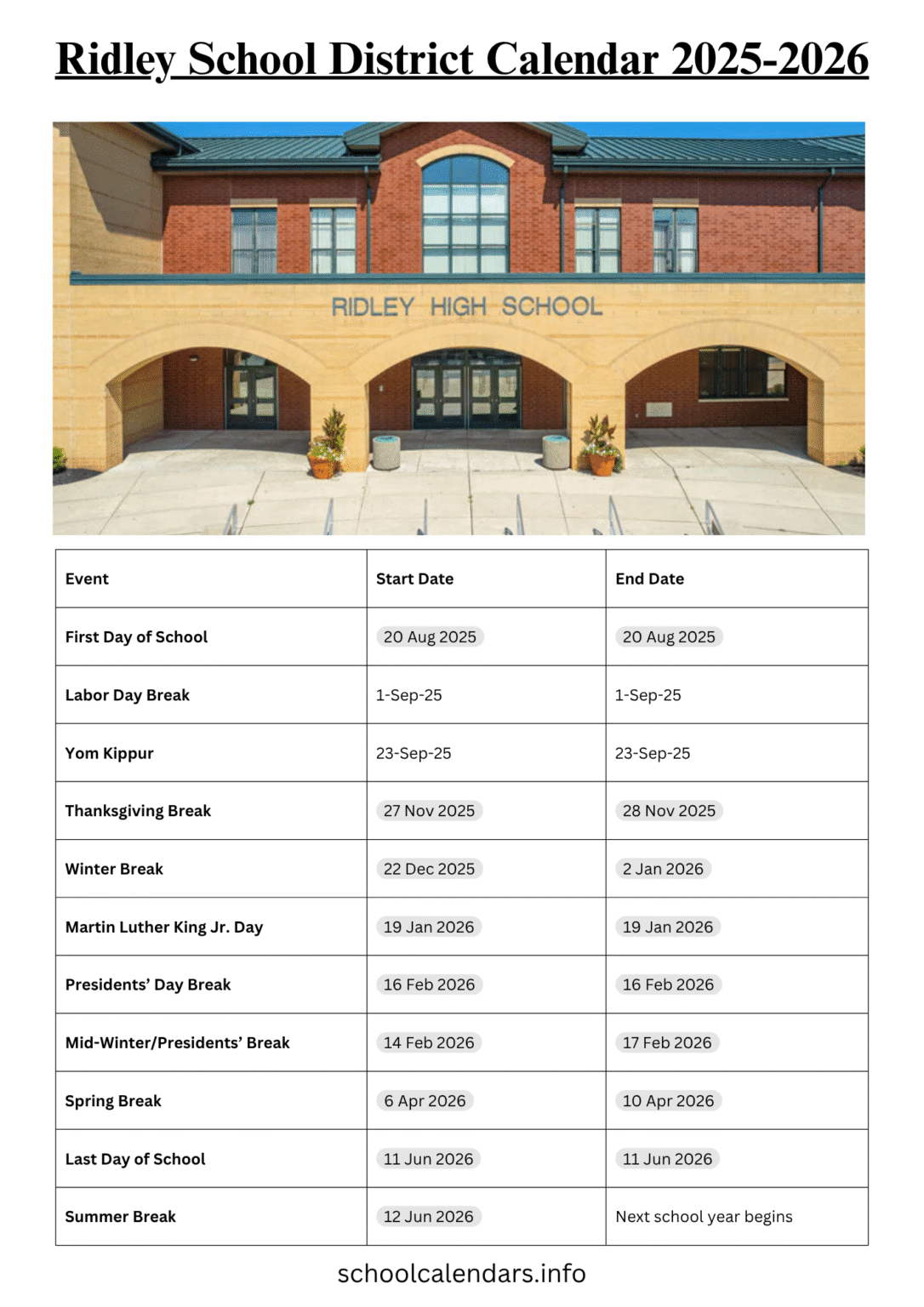 Ridley School District Calendar 2025-2026 [Holidays]