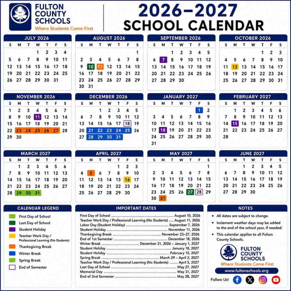 Fulton County School Calendar 2026-2027 Breaks & Key Dates